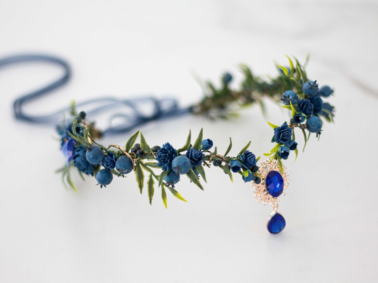 Navy Blue Elven Tiara Blueberry Crown Fairy Headband Flower - Etsy