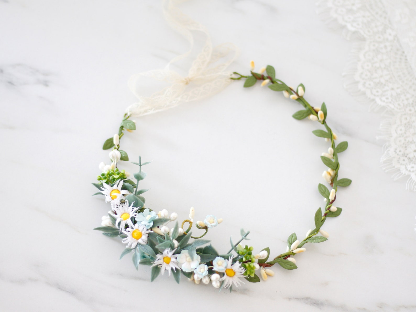 Daisy Flower Crown Wedding, Dainty Hair Crown, Delicate Flower Girl ...