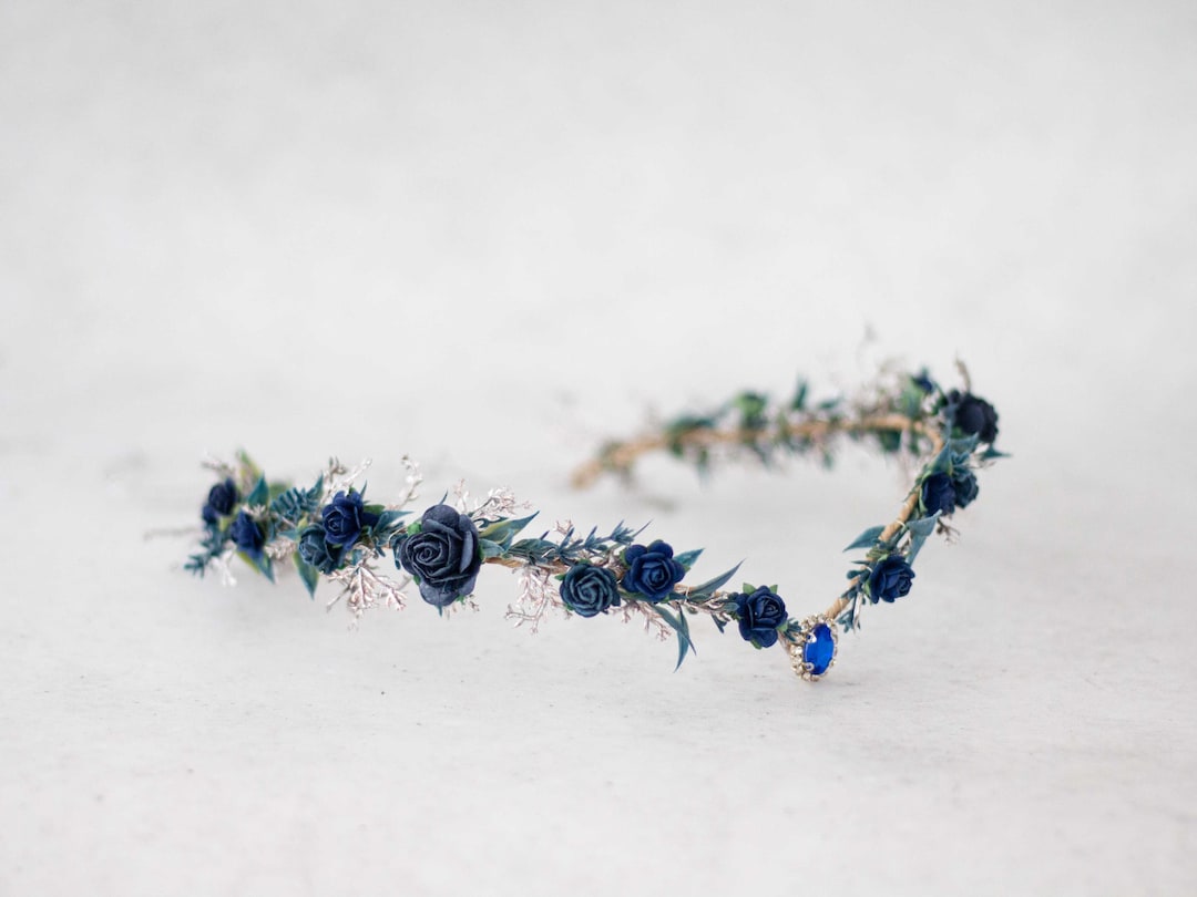 Navy Blue Floral Elven Crown: Fairy Wedding Headpiece - Etsy