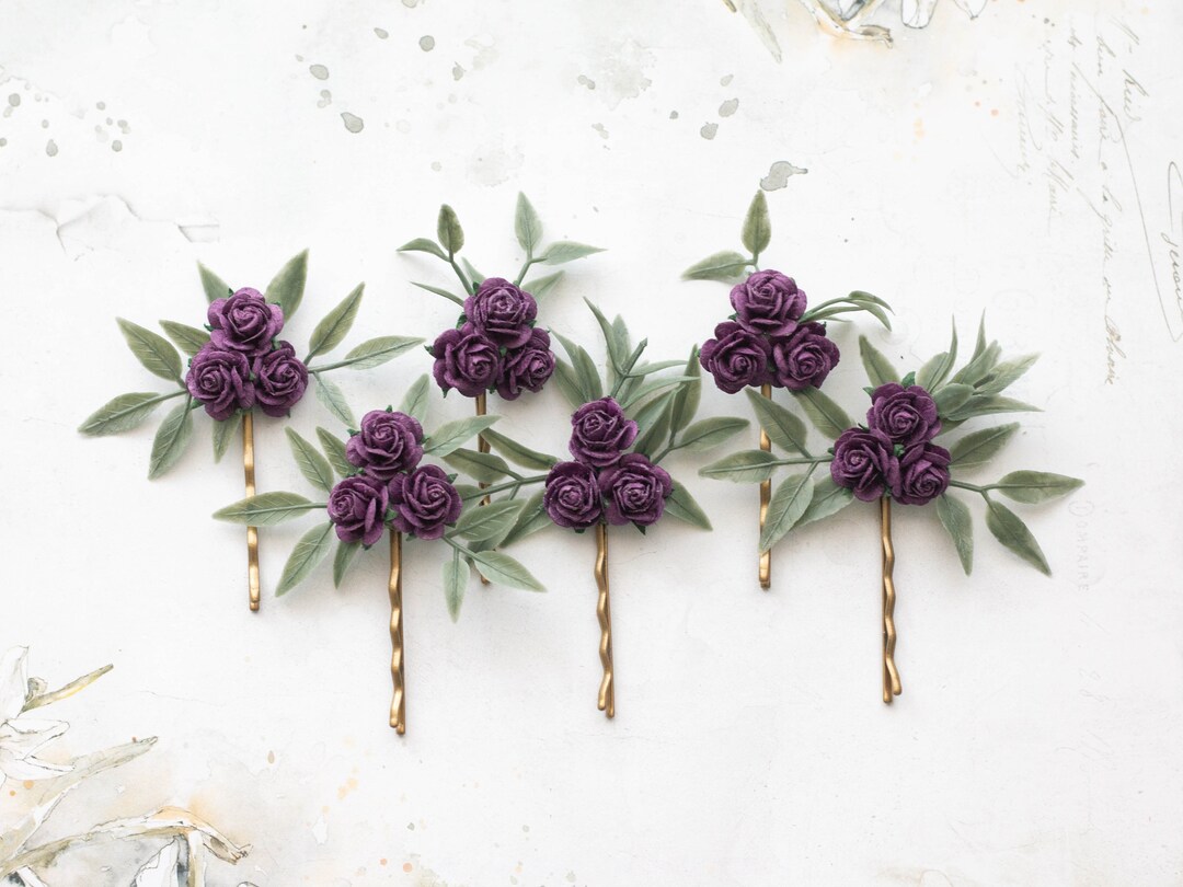 Deep Purple Flower Hair Pins, Small Rose Clips, Wedding Hair Clip, Rose ...