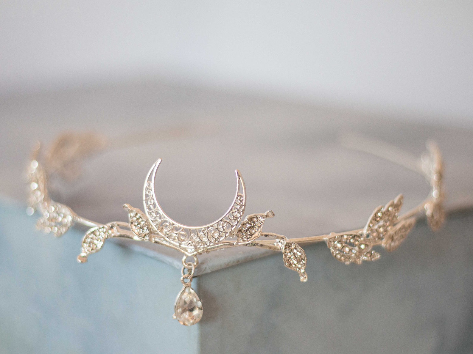 Crescent Moon Crown, Moon Head Band, Silver Leaf Tiara, Elven Hairpiece ...