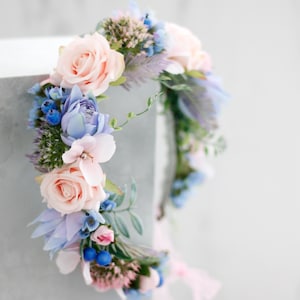 Pastel Flower Crown Wedding, Boho Hair Crown, Soft Pink Blue Hair ...