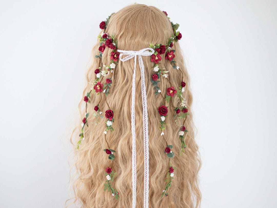 Burgundy Flower Crown: Cascading Bridal Hair Vine, Wedding Headpiece - Etsy