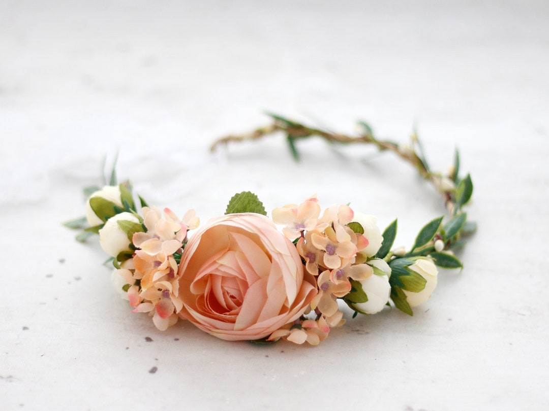 Peach Peony Flower Crown Wedding Rustic Floral Headband Bride - Etsy