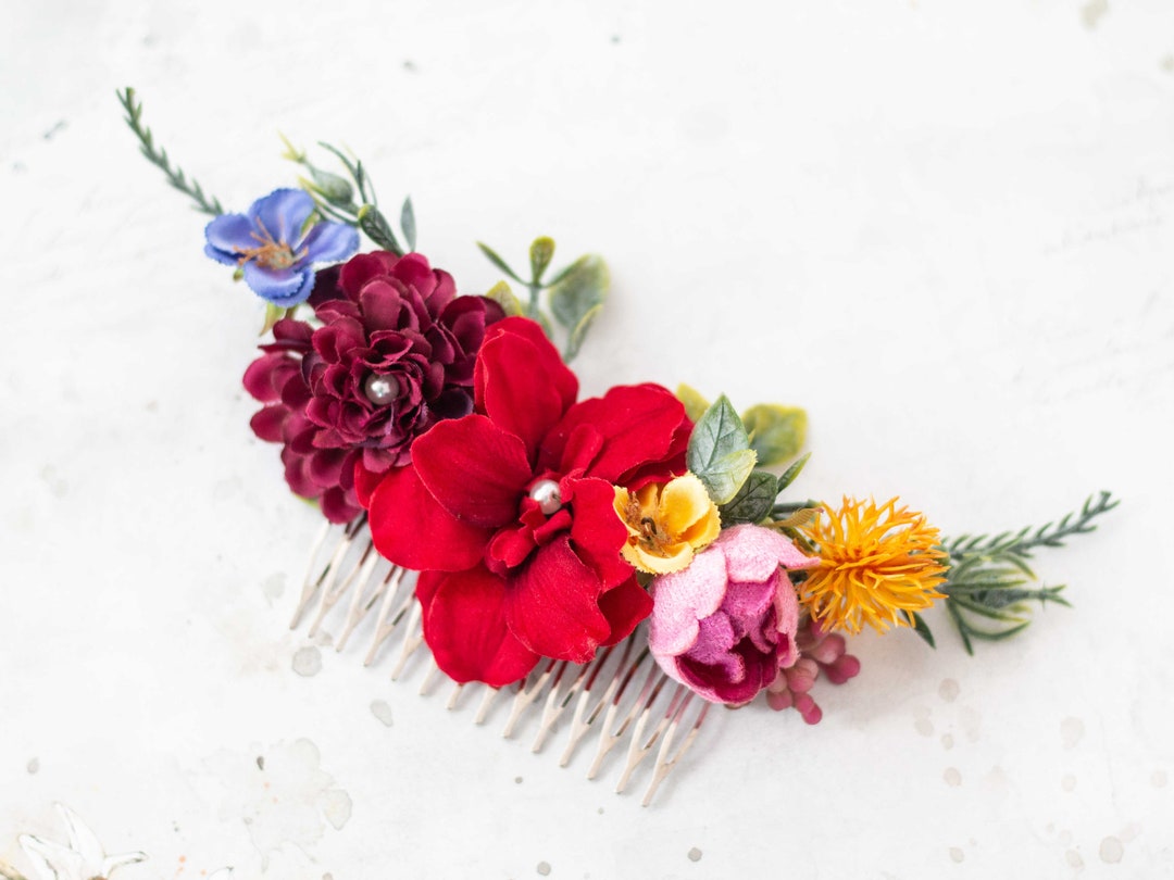 Colorful Flower Comb for Wedding, Succulent Hair Comb, Bright Bridal ...