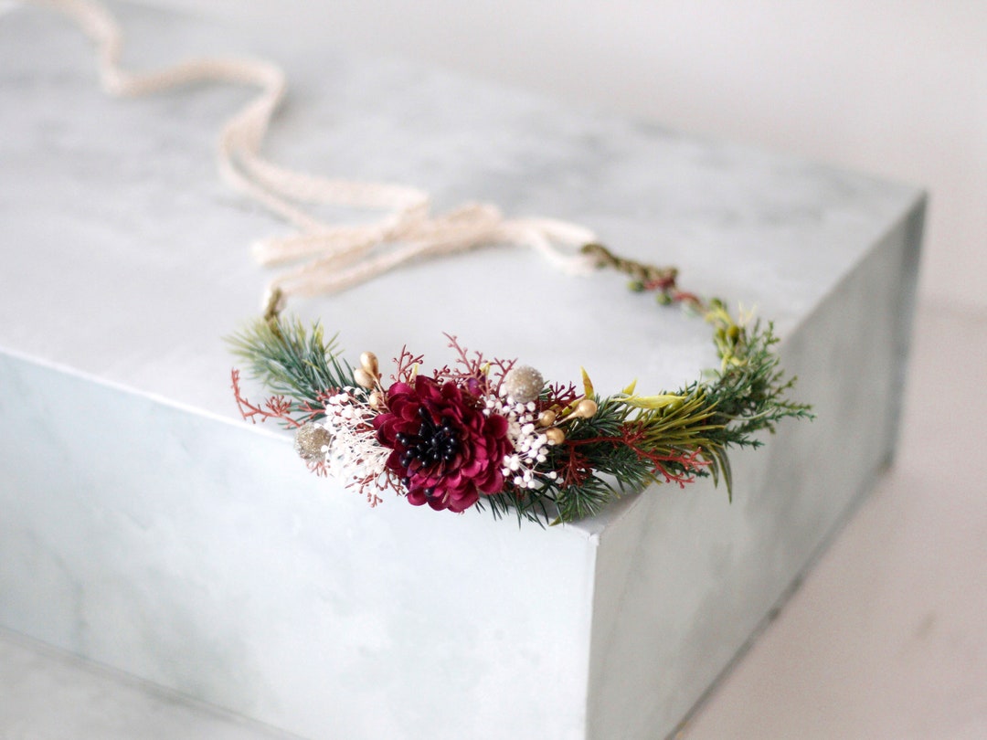 Winter Flower Crown, Burgundy Flower Crown, Christmas Hair Accessories ...