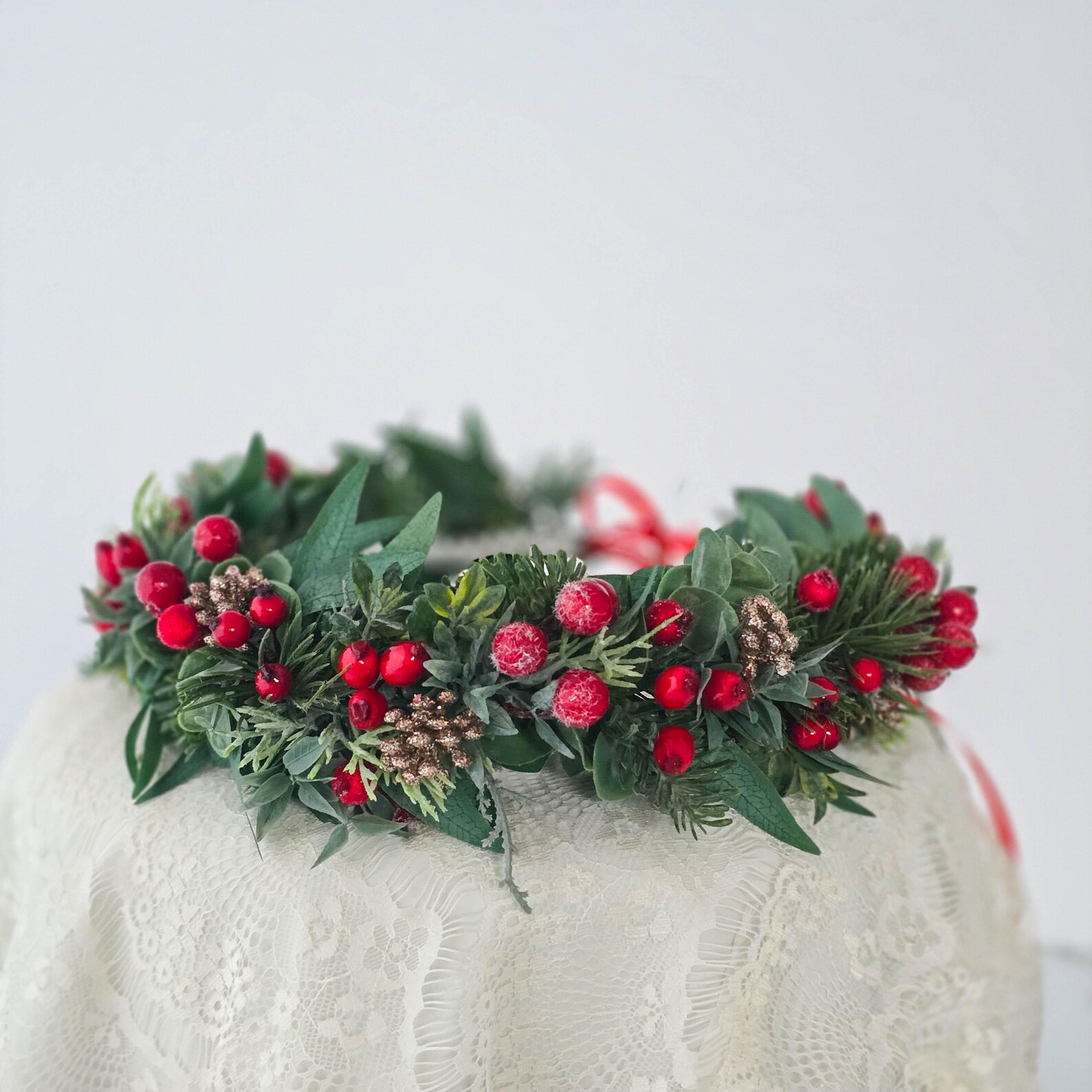Winter Flower Crown: Red & Gold Christmas Hair Wreath, Adjustable Size ...