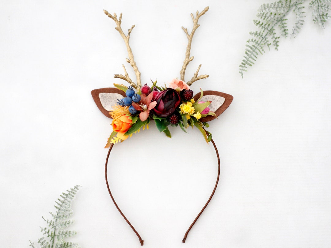 Deer Antler Flower Crown, Fall Headband With Horns, Deer Headdress ...