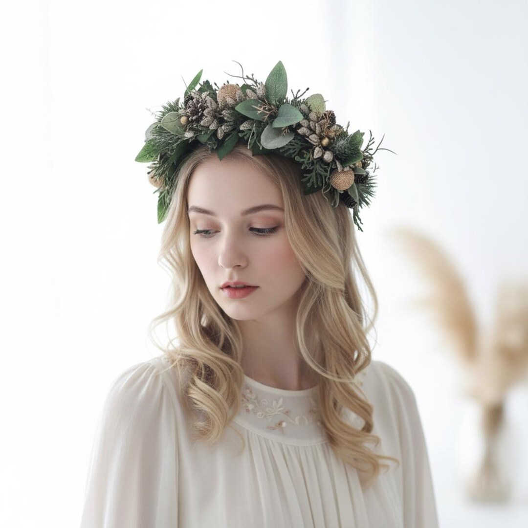 Gold & Greenery Floral Crown: Winter Hair Wreath, Adjustable Size - Etsy
