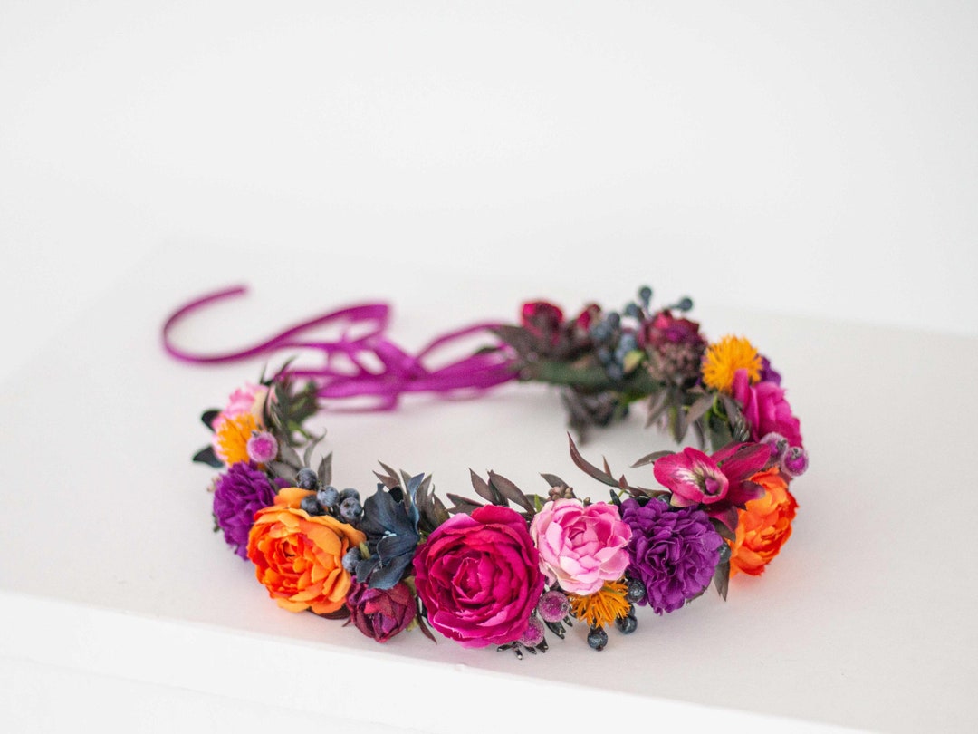 Colorful Flower Crown: Hot Pink & Orange Tropical Wedding Headpiece - Etsy