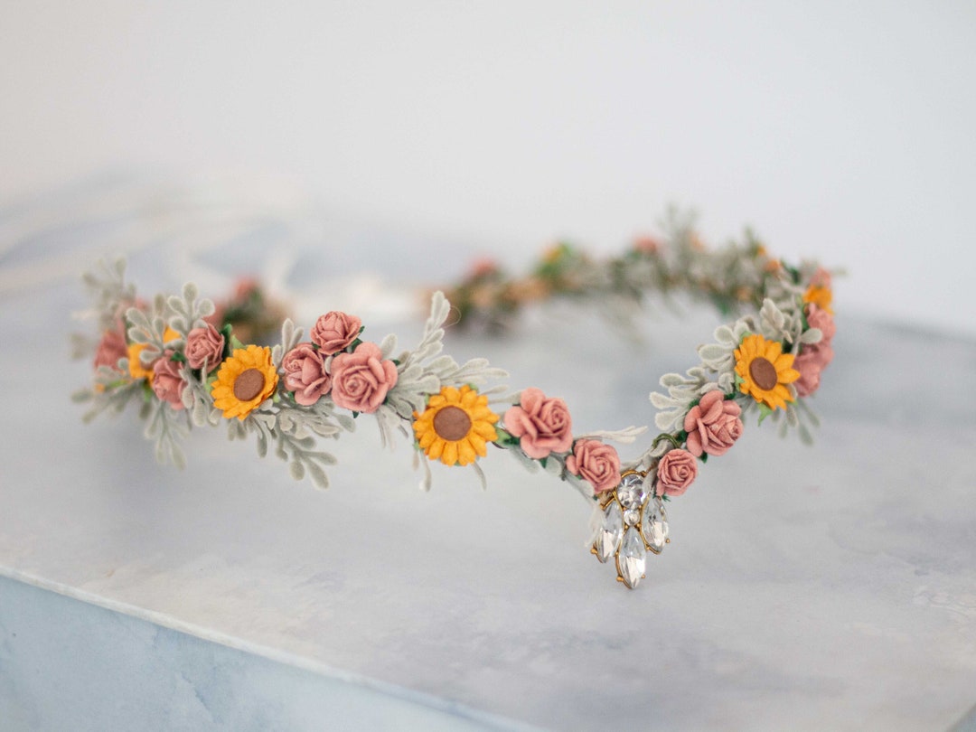 Sunflower Elven Tiara With Crystal, Elvish Headpiece, Sunflower Flower ...