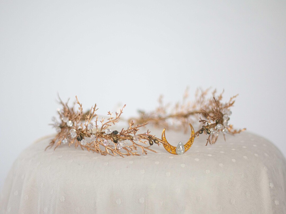 Gold Elven Crown, Fantasy Flower Circlet, Crescent Moon Fairy Headpiece ...