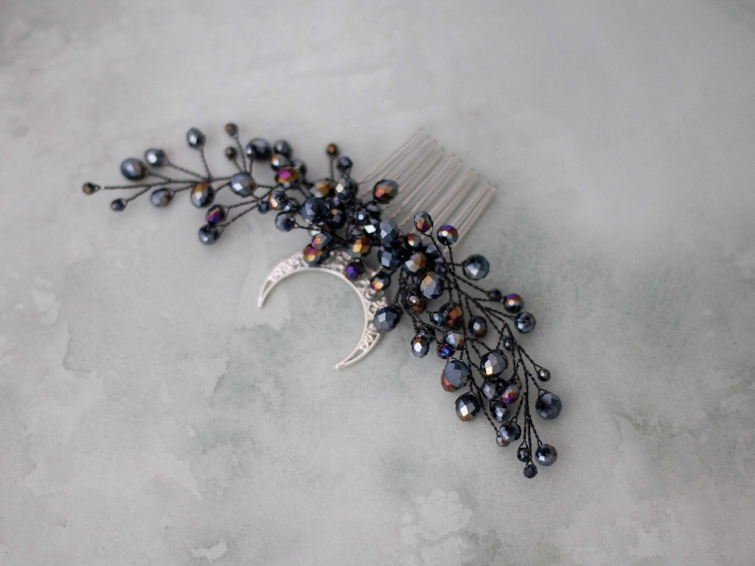 Crescent Moon Hair Comb Wedding, Dark Crystal Comb, Ethereal Headpiece ...