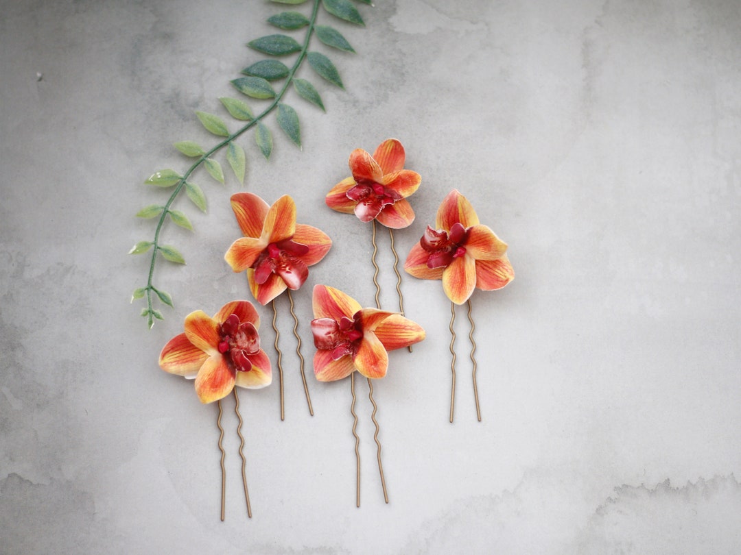 Orange Orchid Hair Pins: Tropical Wedding Hair Piece, Set of 5 - Etsy