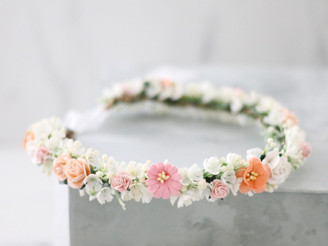 Ivory Peach Flower Crown, Apricot Flower Wreath, Dainty Floral Crown ...