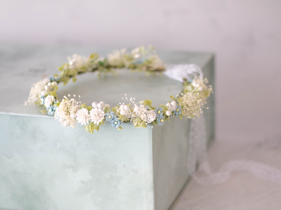 Light Blue Flower Crown for Wedding, Dusty Blue Hair Crown, Dainty ...
