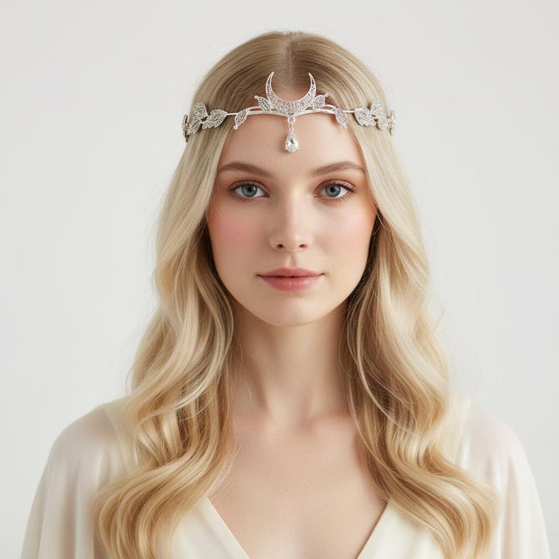 Crescent Moon Crown, Moon Head Band, Silver Leaf Tiara, Elven Hairpiece ...