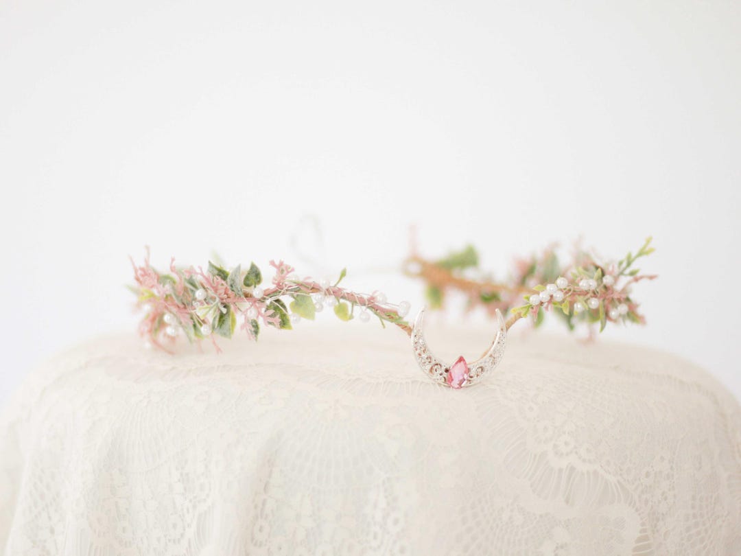 Crescent Moon Crown: Elven Wedding Headpiece With Blush Green Leaves - Etsy