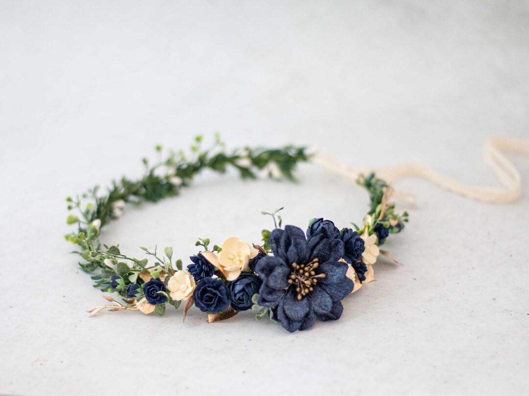 Navy Blue Flower Crown Wedding, Navy Ivory Flower Hairpiece, Boho ...