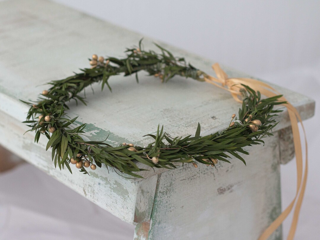 Greenery Flower Crown for Wedding, Green Gold Flower Halo, Preserved ...