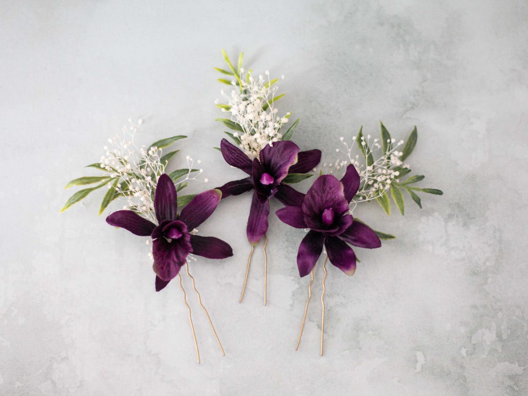Deep Purple Orchid Flower Pins Wedding, Tropical Floral Hair Pins ...