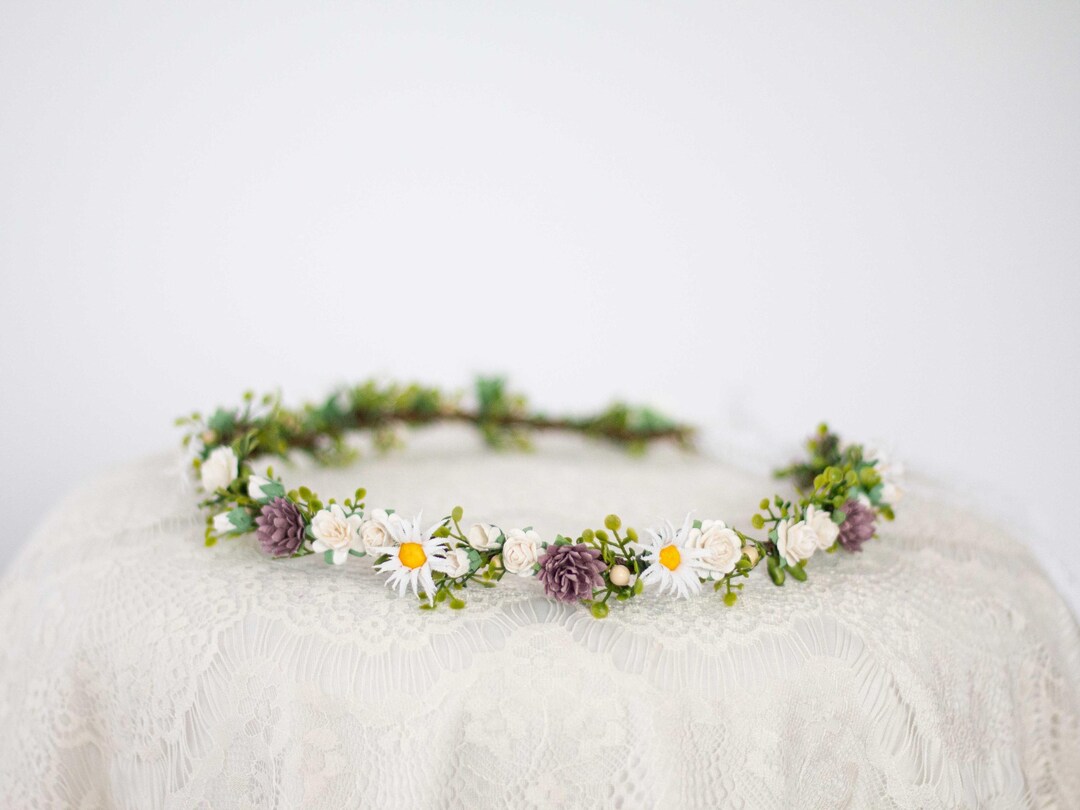 Meadow Flower Crown Wedding, Daisy Hair Wreath, Dusty Purple White ...