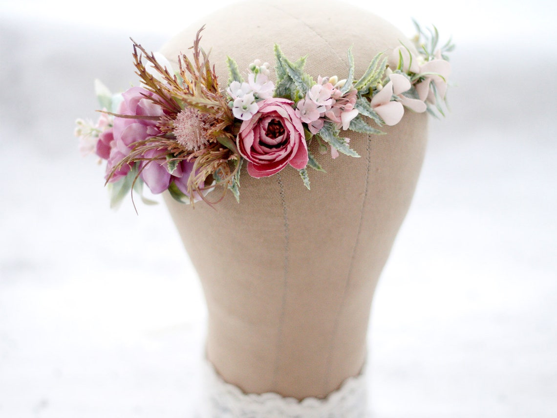 Rustic Flower Crown Wedding Tie Back Flower Crown Mauve | Etsy