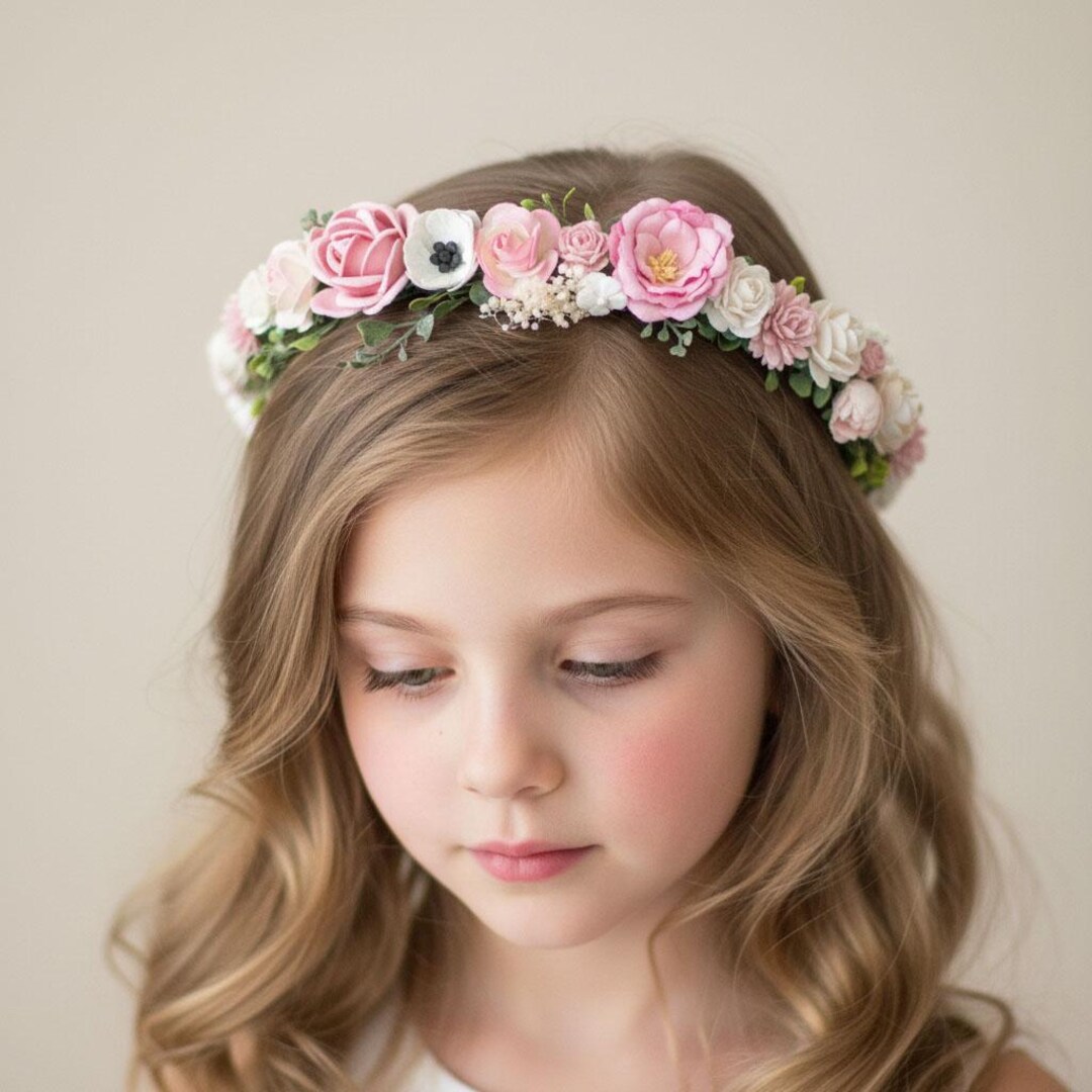 First Holy Communion Flower Crown: Pink & White Headband, Adjustable ...