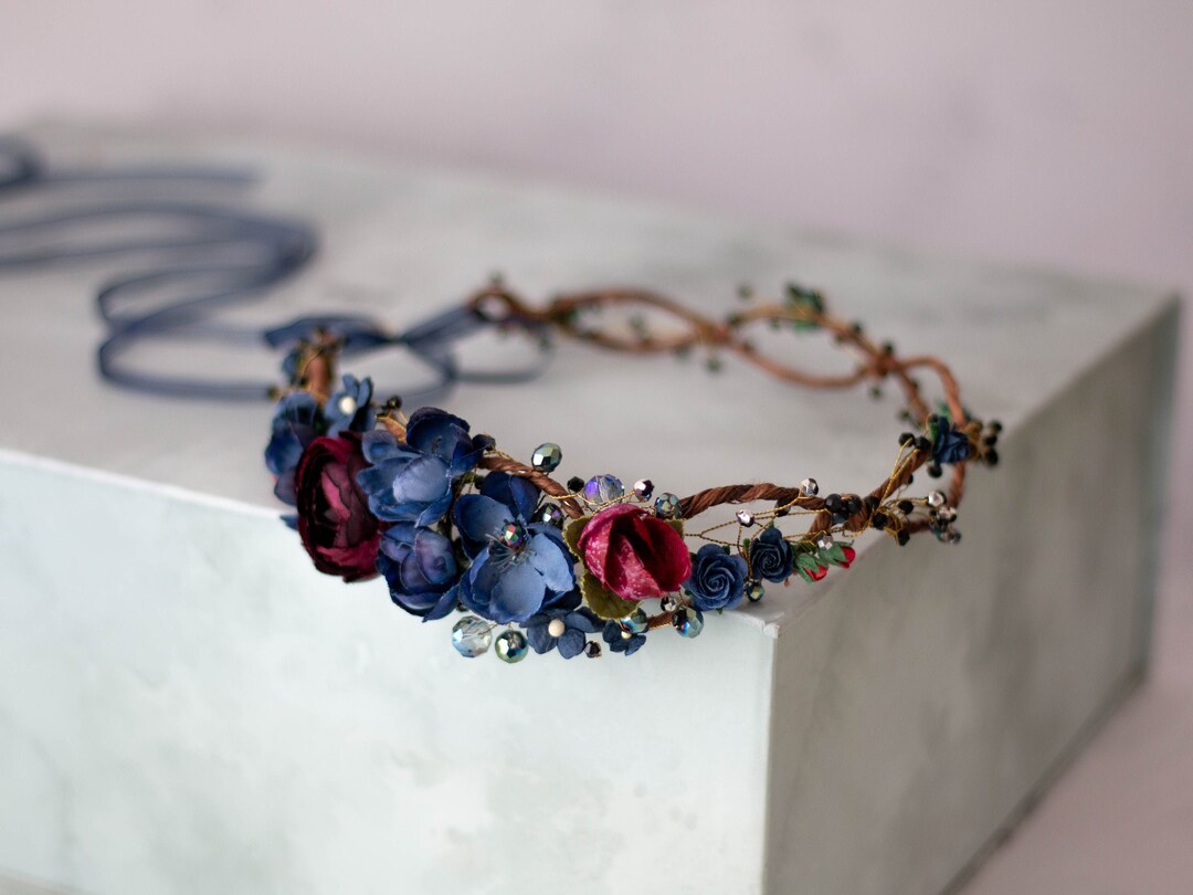 Navy Blue Burgundy Flower Crown Wedding, Boho Bride Crown, Bridal ...