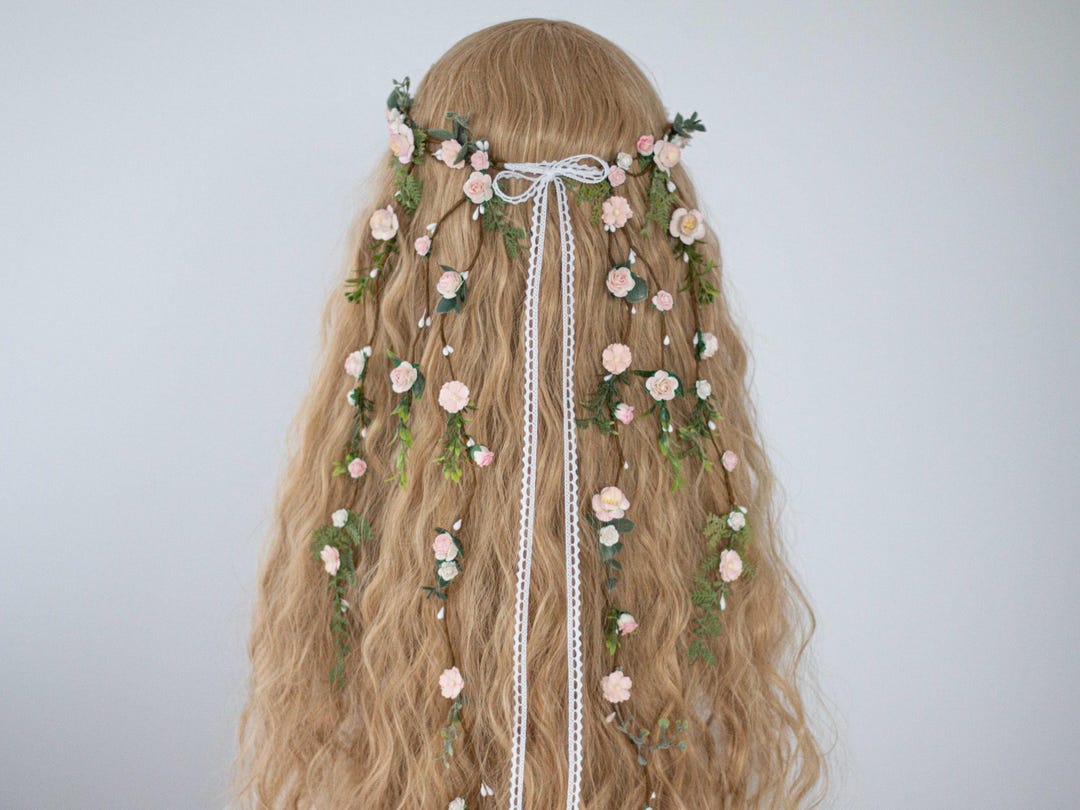 Blush Pale Pink Flower Crown, Cascade Floral Crown, Rustic Wedding ...