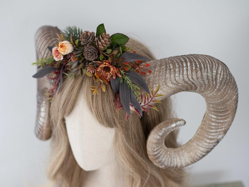 Ram Horns Headband With Flowers: Antler Headdress, Pagan Faerie Costume ...