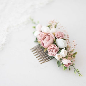 Dusty Rose Flower Comb for Wedding, Peony Bridal Comb, Mauve White ...