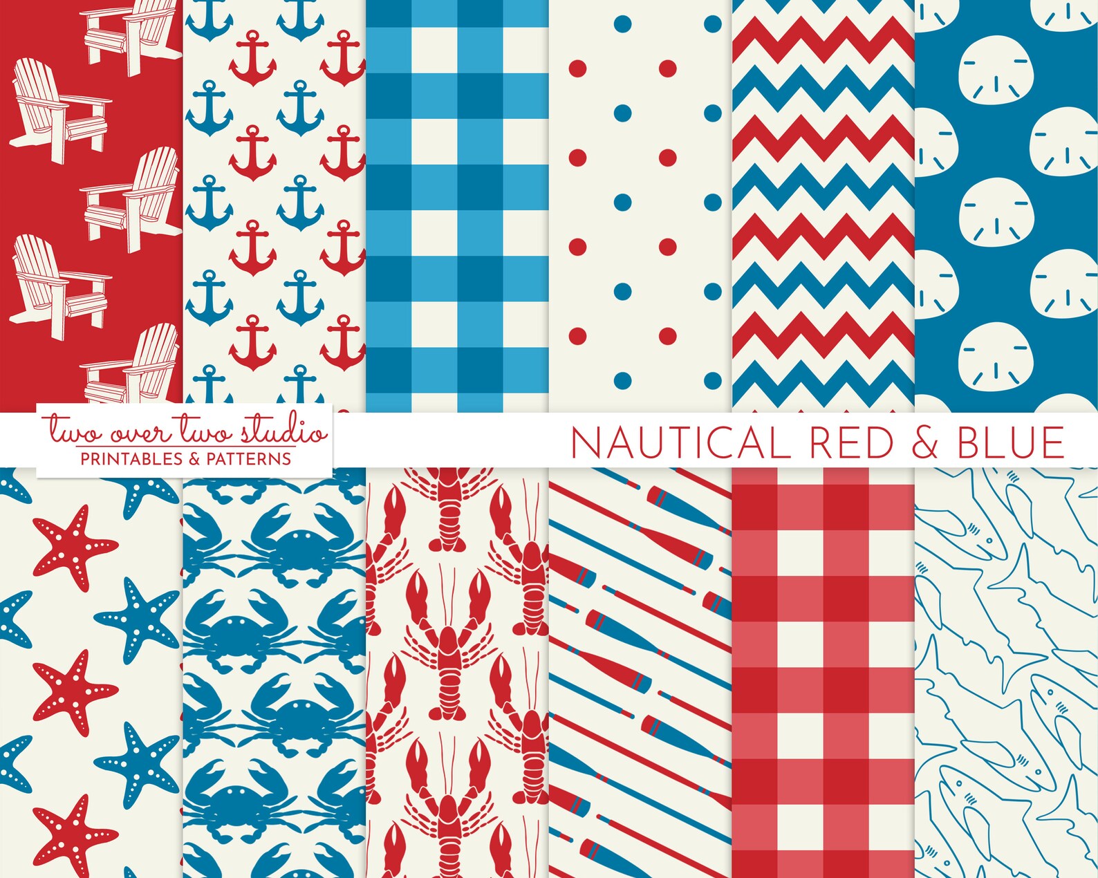 Red and Blue Nautical Digital Paper With Lobster, Shark, Oar, Patterns ...