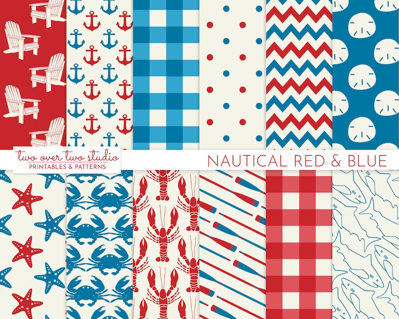 Red and Blue Nautical Digital Paper With Lobster, Shark, Oar, Patterns ...