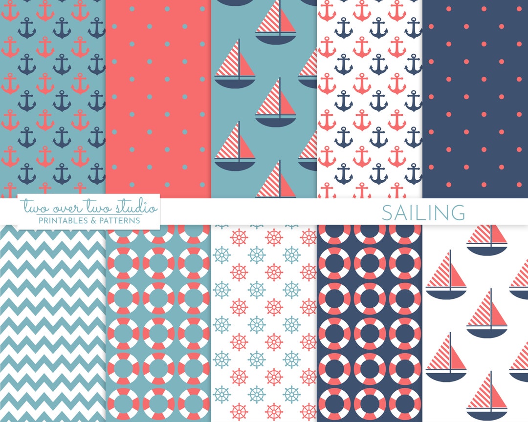 Nautical Digital Paper: "sailing" With Sailboats, Life Saver, Anchors ...