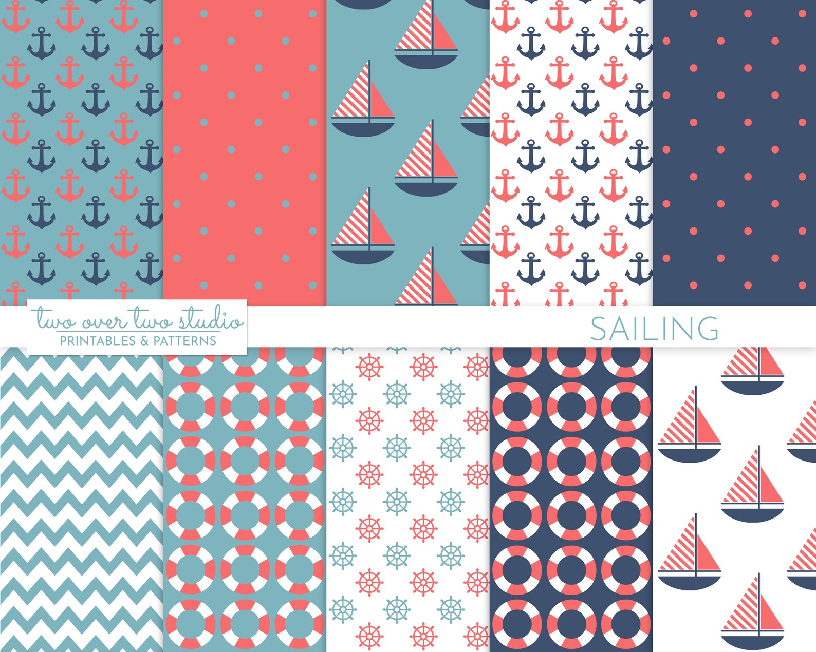 Nautical Digital Paper: "sailing" With Sailboats, Life Saver, Anchors ...