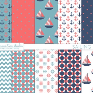 Nautical Digital Paper: "sailing" With Sailboats, Life Saver, Anchors ...