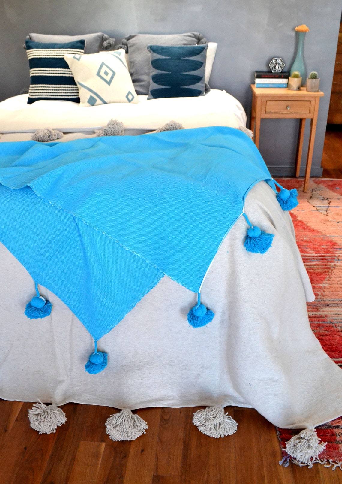 Robin's Egg Blue Cotton Pom Pom Throw / Blue Pom Pom Throw / Moroccan ...