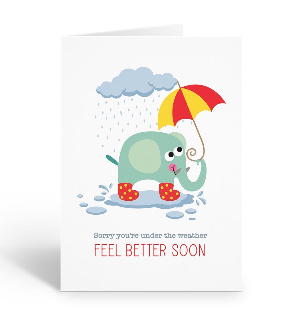 Get Well Card - Cute Elephant "feel Better Soon" - Single Card With ...