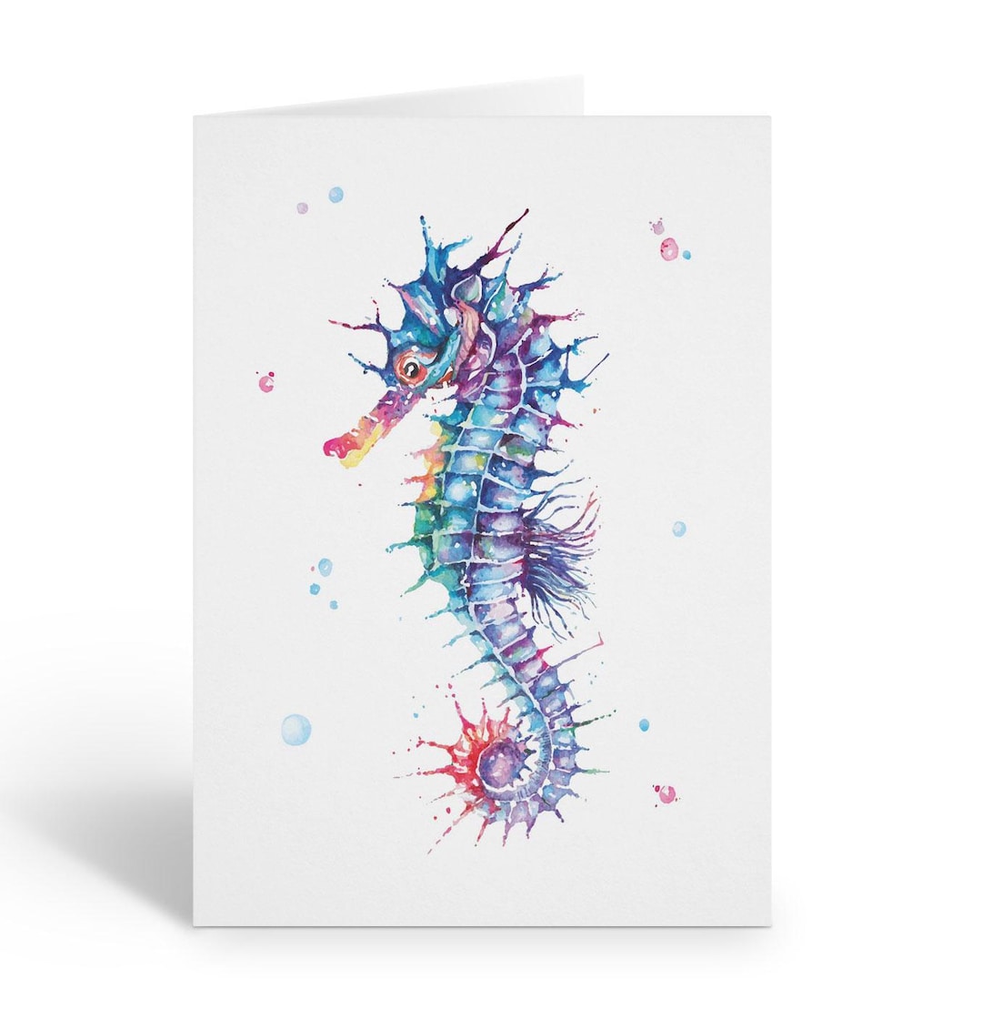 Marine Life Cards - Watercolor Seahorse Note Cards - 10 Cards With ...