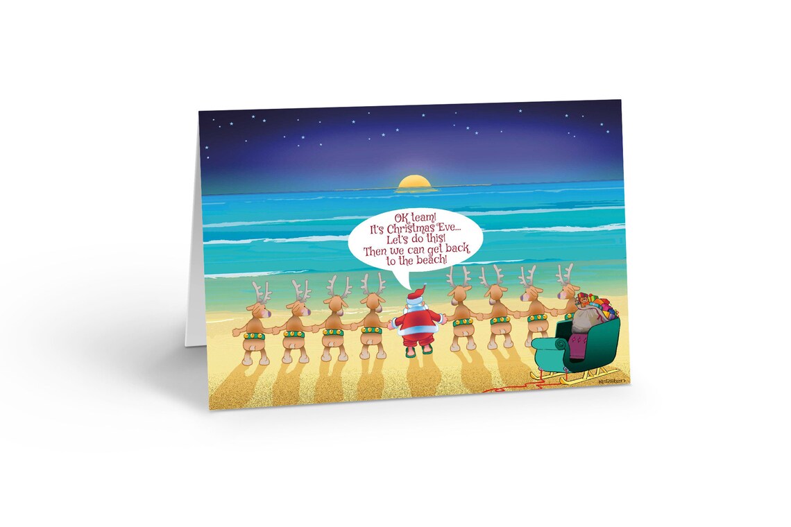 Santa and Reindeer Beach Gathering - 18 Christmas Cards & Envelopes ...