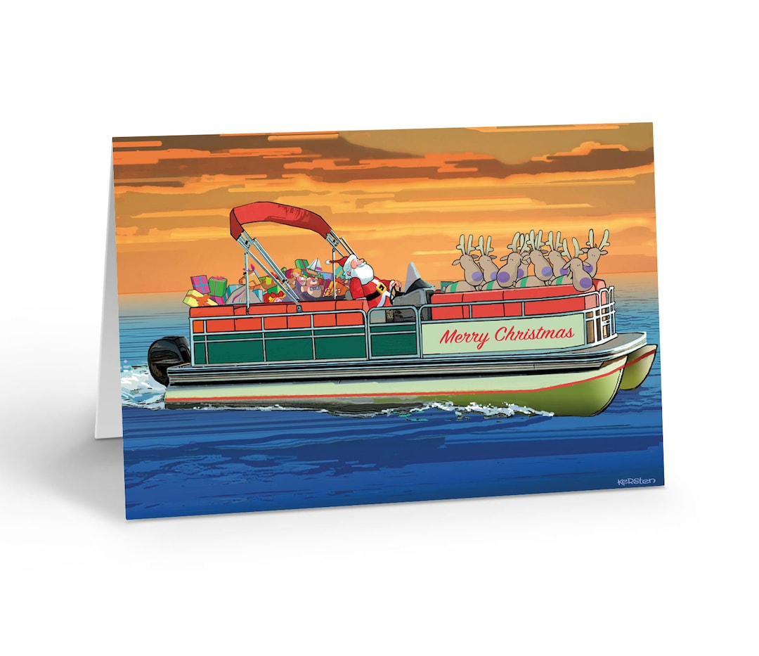 Santa's Pontoon Boat Delivering Presents Holiday Card - 18 Holiday ...