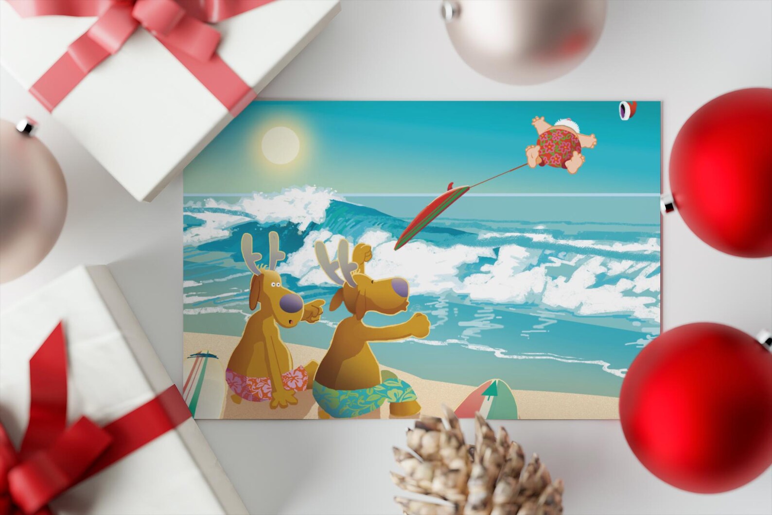 Funny Beach Christmas Cards, Santa Surfing Wave With Reindeer, 12 Ocean ...