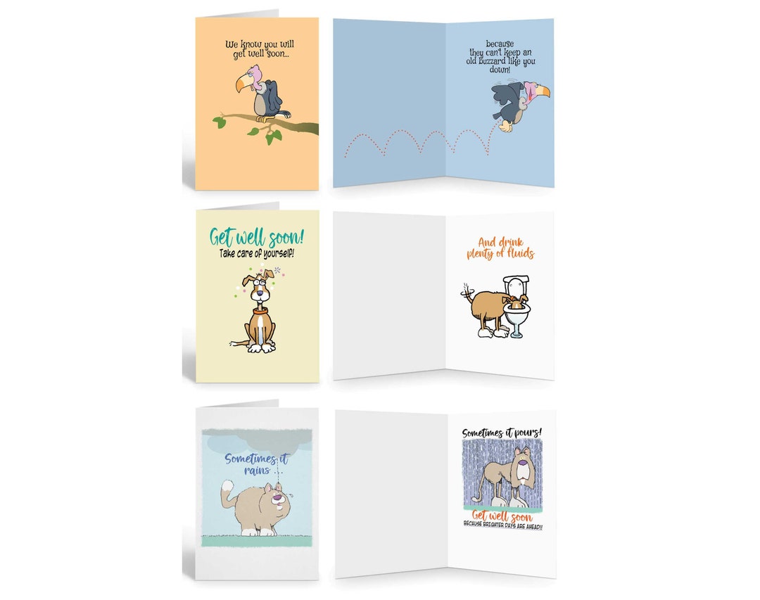 Funny Get Well Card Assortment - Full Color Front & Inside! - 6 Get ...