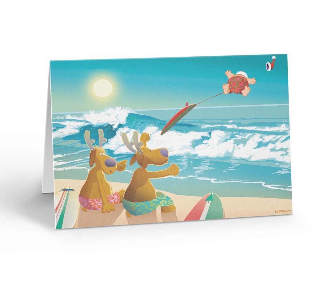Funny Beach Christmas Cards, Santa Surfing Wave With Reindeer, 12 Ocean ...