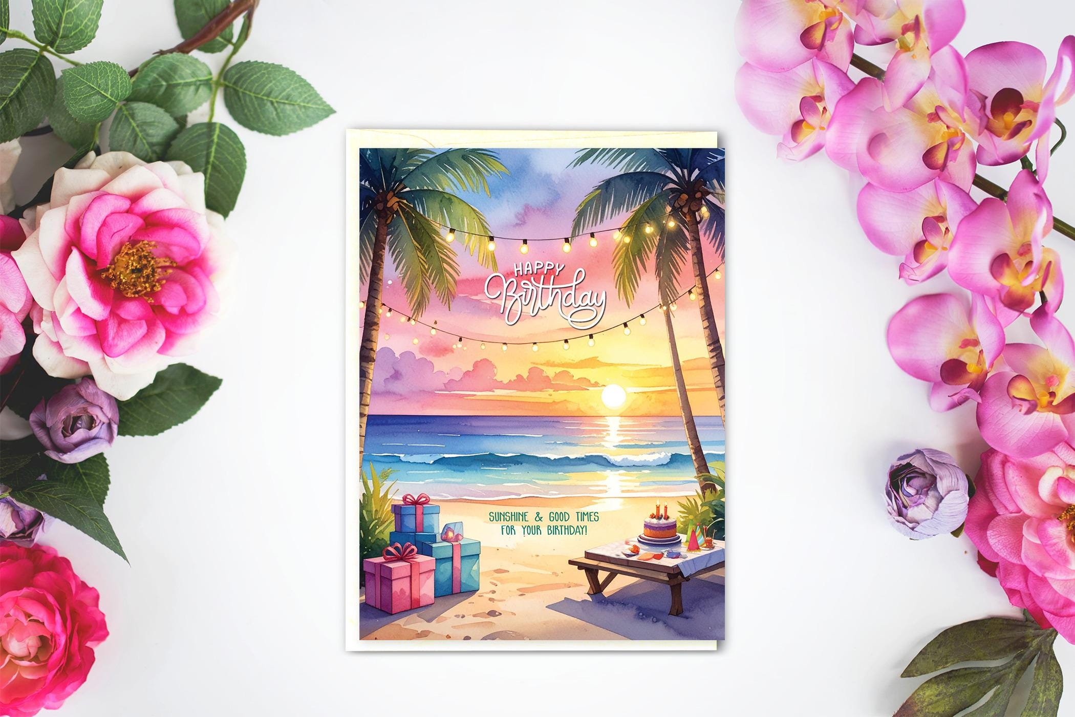 Gorgeous Watercolor Beach Sunset Birthday Card - Single Card With ...