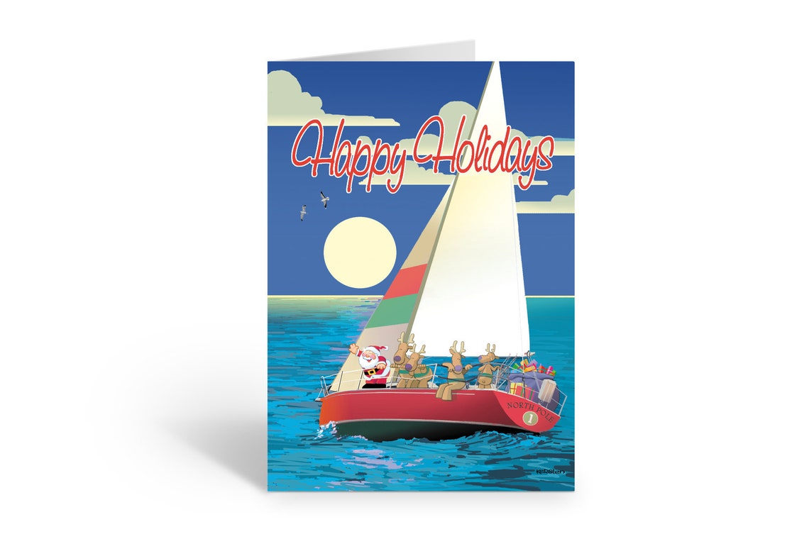Sailboat Happy Holidays Christmas Card 18 Cards & Envelopes | Etsy