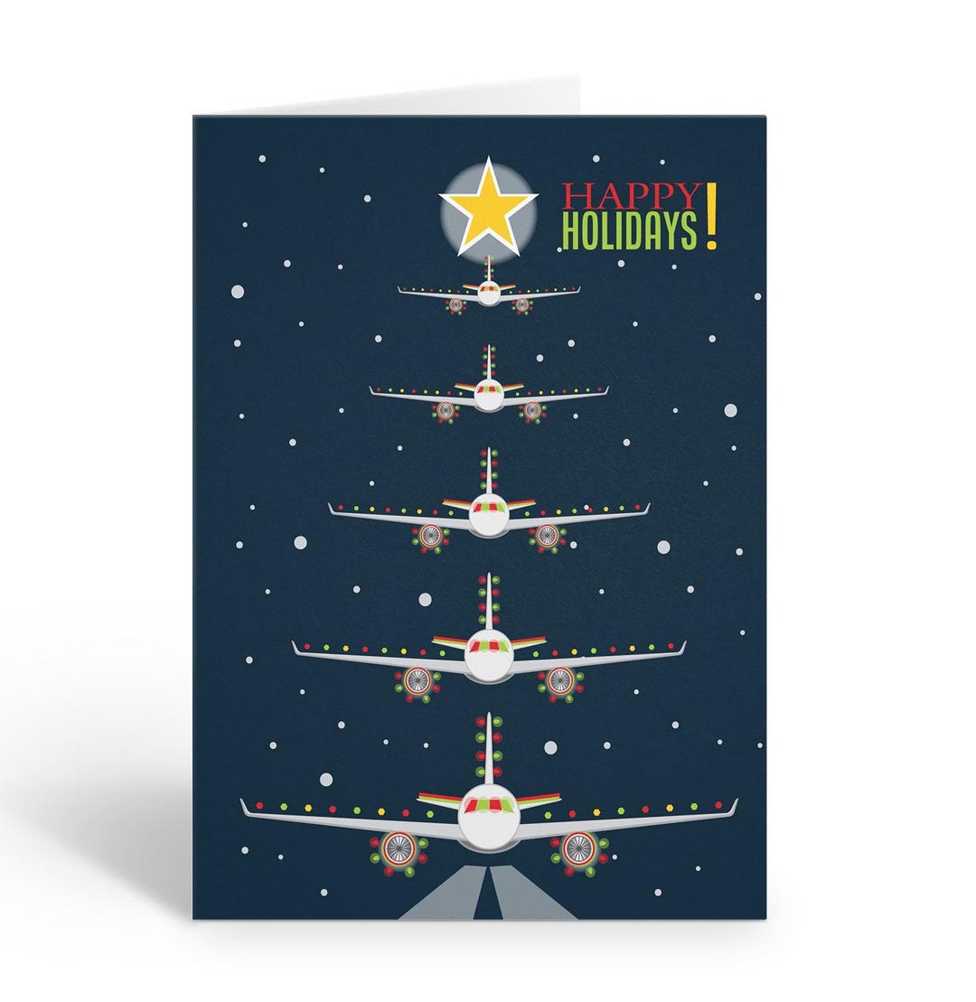 Airplanes Landing Christmas Tree Holiday Card - 12 Cards With Envelopes ...
