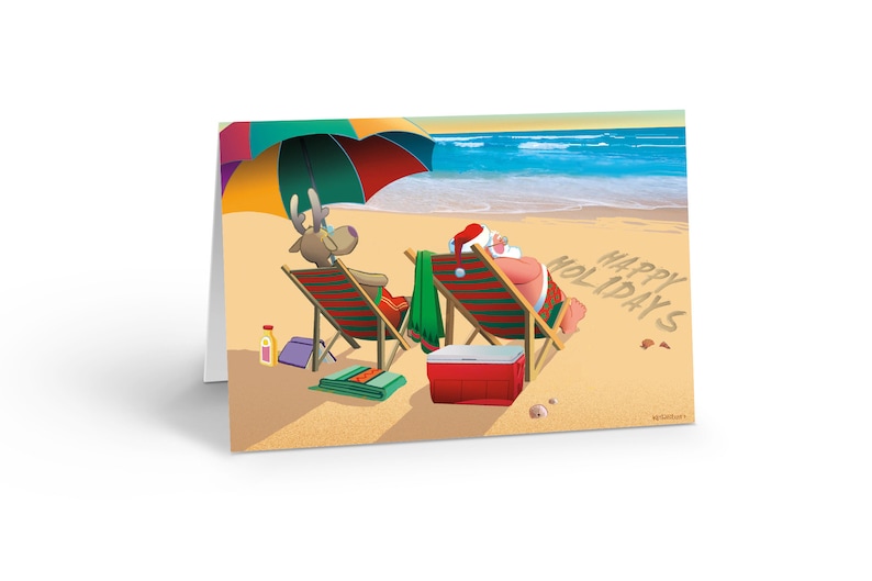 Relaxing Beach Santa and Reindeer Happy Holidays Card 18 Cards ...