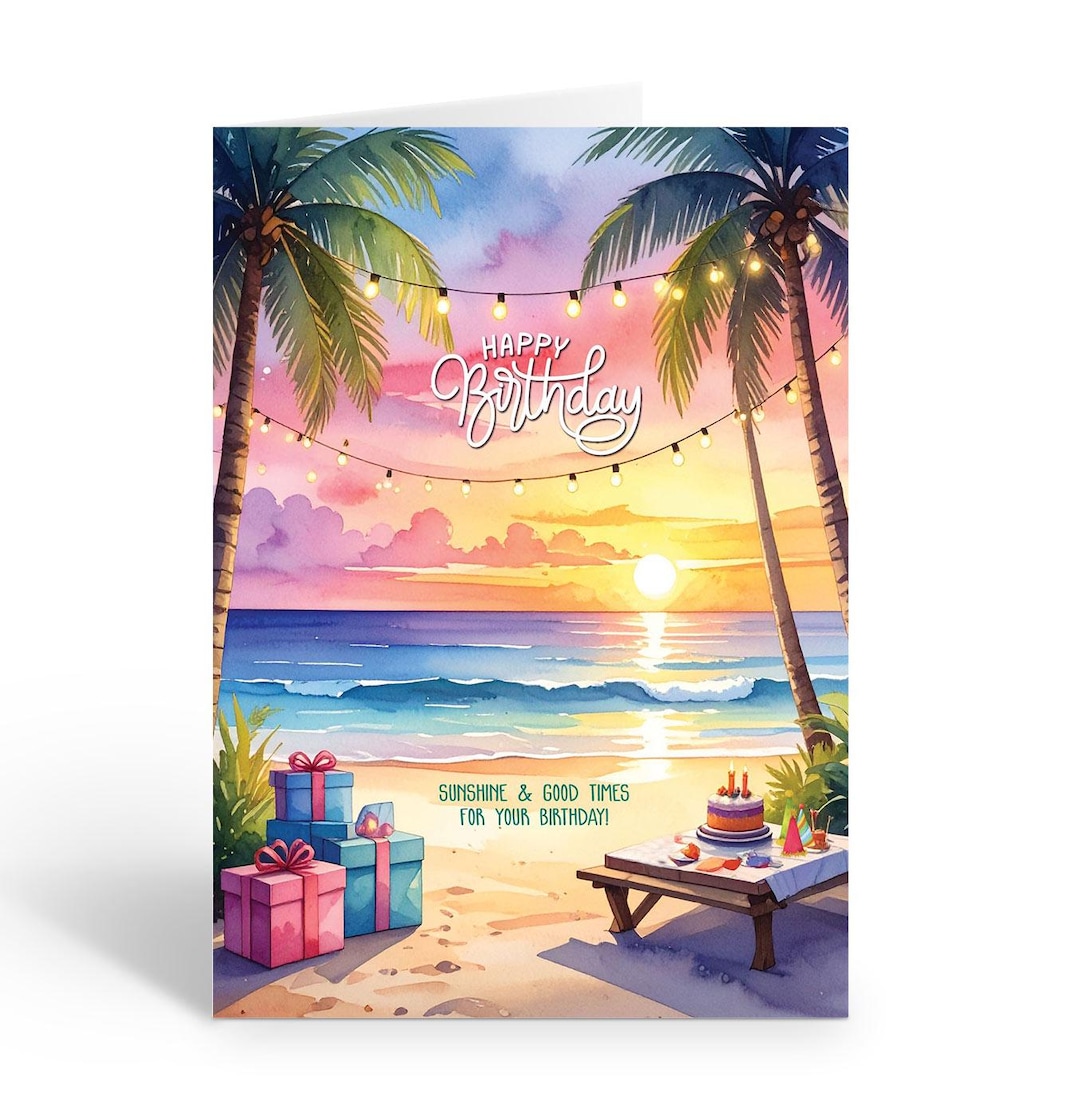 Gorgeous Watercolor Beach Sunset Birthday Card - Single Card With ...